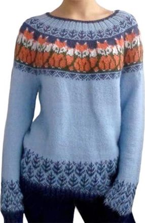 Generic Pull Norv&eacute;gien Femme Hiver Chaud Chic Pullover Tricot&eacute; Col Rond &Agrave; Manches Longues Sweatshirts Motif Jacquard Hauts Oversize Mode Confortable Vetement 