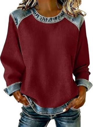 Generic Sweat-shirt &agrave; manches longues et col en jean pour femme - Haut d&eacute;contract&eacute; l&eacute;ger &agrave; manches longues - Pull tunique, bordeaux, 5XL