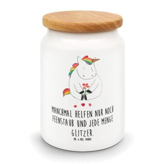 Mr. & Mrs. Panda Vorratsglas Einhorn Traurig - Geschenk, keksdosen, Blume, Liebe, Lebensmittelbehälter, Dose, Kaffeedose, Glitzer, Einhörner, Trauer, Vorratsdosen, Auf