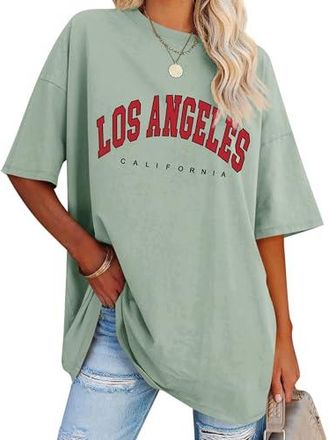 Dresswel T-shirt surdimensionn&eacute; pour femme Los Angeles California Lettre imprim&eacute;e Vintage T-shirt manches courtes col rond Haut d&eacute;t&eacute; ample Chemisier long Tuniq