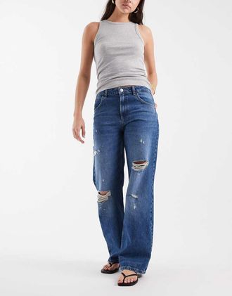 Asos Jean boyfriend baggy &agrave; d&eacute;chirures - D&eacute;lavage vintage-Bleu