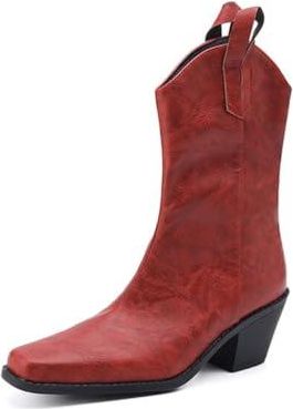 Generic Bottes Femme Rétro Bout Carré Style Western Cowboy Talon Moyen Épais À Enfiler Tige PU Durable Classique Décontracté Quotidien Soirée Chaussures,Rouge