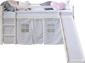 Homestyle4u 1884, Hochbett mit Rutsche Treppe Weiß Grau Kinderbett 90x200 Vorhang Sterne Bettgestell Holz Kiefer