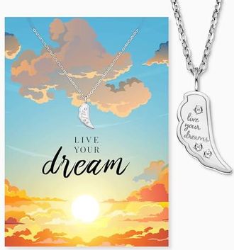 Engelsrufer Carte de voeux Live Your Dream avec collier en acier inoxydable argenté - Cadeau encourageant - Message de motivation et bijou