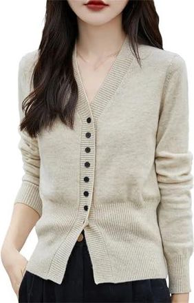 Generic Cardigan dhiver tendance en tricot &agrave; col en V pour femme Couleur unie, beige, Taille XL