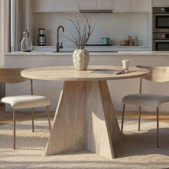 Pier Import Pier Import - Table &agrave; manger ronde effet travertin &Oslash;120 cm - Hauteur 75 cm - MDF m&eacute;lamin&eacute; d&eacute;cor&eacute; - Meuble &agrave; monter - Poids 38 kg