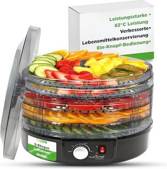 Nutrichef D&ouml;rrautomat 5 Einsch&uuml;be - Schwarz BPA-freies D&ouml;rrger&auml;t f&uuml;r Fleisch, Obst, Pilze & Gem&uuml;se, 82&deg;C einstellbar, 300W Leistung, leise und leicht zu reinige