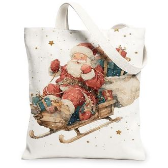 Generic Sacs fourre-tout en toile motif Père Noël, sacs dépicerie réutilisables, festifs, vintage, légers et lavables, Blanc, 13x15 Inch