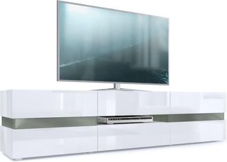 Vladon Lowboard Flow, Made in Germany, TV-Kommode mit Ambient Light Verglasung mit 2 Türen, 1 Schublade und 1 Klappe, Weiß Hochglanz/Weiß Hochglanz (177 x 45