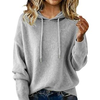 Generic Pull à capuche confortable à manches longues pour femme, pull tricoté avec cordon de serrage, pull côtelé pour lautomne et lhiver, H, 3XL