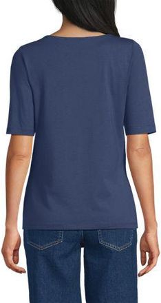 Lands End Supima T-Shirt mit U-Boot-Ausschnitt und geknöpfter Schulter, Damen, Größe:36-38 regular, Blau, Baumwolle, by Lands End
