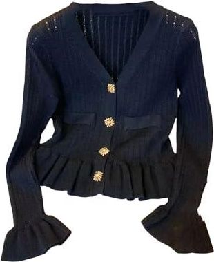 Generic Cardigan tricot&eacute; pr&eacute;coce pour femme - Motif trompette et feuille de lotus, noir, Taille XS