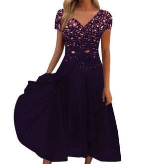 Generic Sommerkleid Damen V-Ausschnitt, Abendkleid Lang Kleid Elegant Chiffon Swing Cocktailkleid Kurzarm Lässig Festliche Kleider für Frauen für Hochzeitsgas