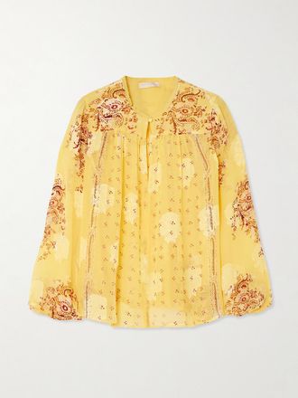 Ulla Johnson Blouse En Crépon De Soie Mélangée Imprimé À Finitions En Picots Aster - Jaune