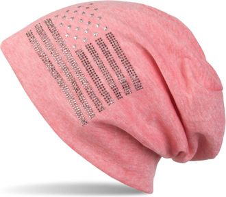 styleBREAKER Beanie M&uuml;tze USA Flaggen Design mit Strass-Applikationen, Unisex, Jersey leicht &Uuml;bergang Fr&uuml;hling Herbst, Farbe:Koralle