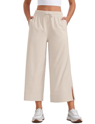 CRZ YOGA Leicht Weites Bein Capri Chinohose Hohe Taille Locker Hose Lässig Lounge Sommer Sporthose mit Taschen - 64cm Mojave-Braun 40