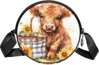 Generic Sac &agrave; bandouli&egrave;re rond pour femme, motif vache et tournesols avec fermeture &eacute;clair et bretelles r&eacute;glables