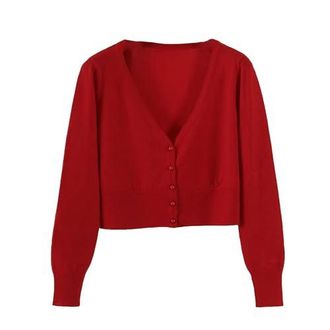Generic Femmes Col V Tricot&eacute; Pulls Tricot Noir Crochet Top Court Printemps Cardigan Rose Manteau, Rouge, XS