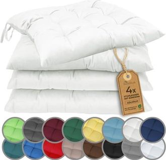 NatureMark 4er Set Stuhlkissen mit B&auml;ndern 40x40 cm - Gef&uuml;llte Sitzkissen, Outdoor & Indoor - Natur/Cr&egrave;me