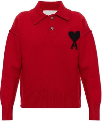 Ami Femme, Pulls, Rouge, Taille: 34 FR Polo en laine &agrave; manches longues