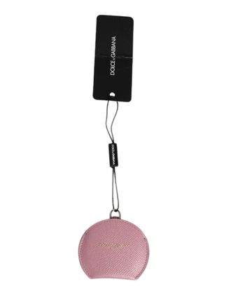 Dolce & Gabbana Womens Pink Calfskin Leather Round Logo Hand Mirror Holder Accessory