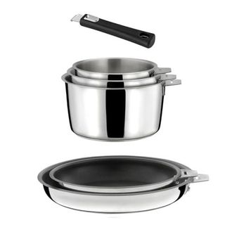 Cuisinox Malice - Lot 6 pièces - 3 casseroles, 2 poêles revêtement céramique, 1 poignée noire - Fond sandwich - Compatible tous feux - Acier Inoxydable 18/10 -
