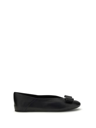 Ferragamo Womens Ballerina Flats Vara Bow Black Calf Leather Shoes