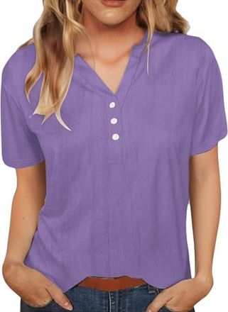 Generic IQYU T-shirt long pour femme - Grandes tailles - Manches courtes - En mousseline - Chemisier surdimensionn&eacute; en lin - Col en V - Couleur unie - Haut d&eacute;