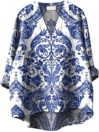 Generic T-shirt en lin pour femme, imprim&eacute; artistique vintage, col &agrave; revers, manches longues, hauts d&eacute;contract&eacute;s, chemises sportives pour femmes, blue-c, 3XL