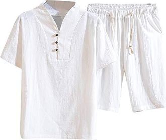Generic Ensemble de vêtements en lin uni à manches courtes et en coton pour hommes, couleur taille, décontracté, grand t-shirt, costumes et ensembles de smoki