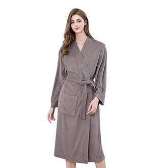 Generic Peignoir de bain en tissu &eacute;ponge pour femme - Couleur pure - Chaud - Avec ceinture et poches - Confortable et doux - Col en V - Pour lhiver, gris, XL