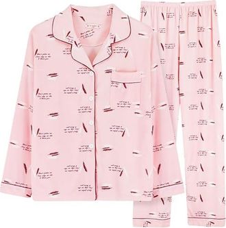 Generic Ensemble de pyjama pour femme, pyjama en flanelle de coton pour femme, coupe ample, manches longues, col en V, boutonn&eacute;, v&ecirc;tements de nuit 2 pi&egrave;ces av