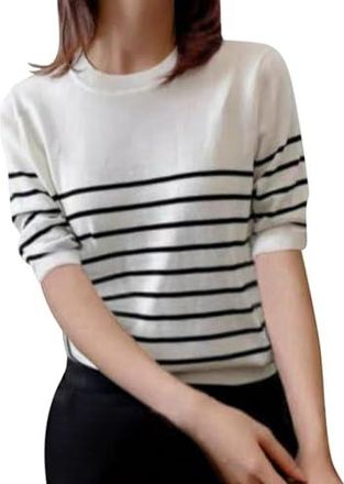 Generic Haut ray&eacute; d&eacute;contract&eacute; &agrave; manches courtes et col rond en tricot c&ocirc;tel&eacute; confortable ample basique pull thermique pour femme grande taille, blanc, XL