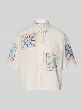 Jake*s Casual Bluse aus Leinen-Baumwoll-Mix mit Motiv-Stitching