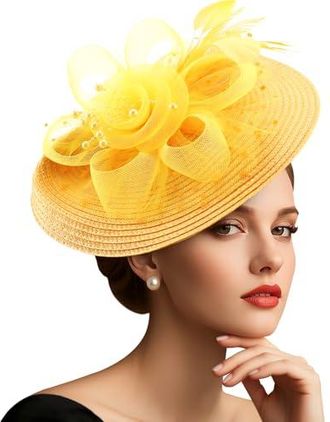 Dreshow Chapeau Fascinateur en Maille avec Plume Perlée sur Bandeau et Pince Fourchue Chapeau Cocktail Tea Party pour Filles et Femmes Noble Kentucky Hat