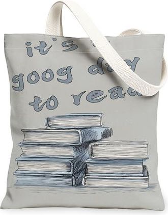 Generic Sacs fourre-tout en toile, motif litt&eacute;raire, l&eacute;gers, lavables et r&eacute;utilisables, pour un usage quotidien, gris, 13x15 Inch