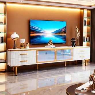 Generic TV-Lowboard mit 4 Schubladen und 2 geh&auml;rteten Glast&uuml;ren, 170x37x47,5 cm gro&szlig;er Schrank in Marmoroptik mit Goldgriffen und 4 F&uuml;&szlig;en