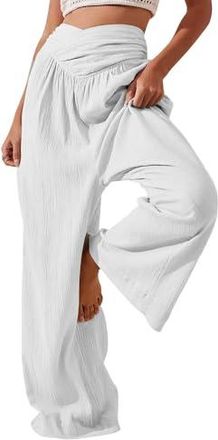 Generic Pantalon en coton et lin pour femme - Jambe large - Pantalon de plage d&eacute;t&eacute; confortable - Pantalon de yoga Palazzo - XIYU26004, blanc, XXL