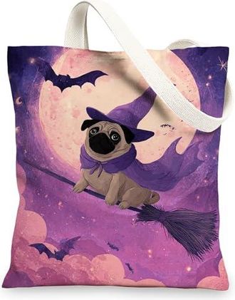 Generic Sacs fourre-tout en toile pour Halloween, motif chien sorcière, sacs de courses réutilisables, amusants et fantaisistes, légers et lavables, violet, 1