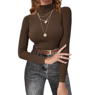 Generic Pull &agrave; col roul&eacute; pour femme, pull dhiver ajust&eacute; &agrave; manches longues en tricot c&ocirc;tel&eacute; confortable, caf&eacute;, XL