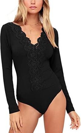 Generic Body for femme sexy &agrave; manches longues, dentelle avec col en V profond, string, tops, t-shirts (Color : Black, Size : M)
