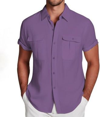 Generic Chemise en lin pour homme - Chemise d&eacute;t&eacute; d&eacute;contract&eacute;e - Chemise d&eacute;t&eacute; en lin - Chemise d&eacute;t&eacute; respirante - Pour lext&eacute;rieur - Manches longues - Coupe droi