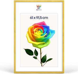 MG Design Bilderrahmen 61 x 91,5 cm - Posterrahmen mit Gelb Holzrahmen (Echtholz) und bruchsicherem Acrylglas, Hoch & Quer mit verst&auml;rkter Wandaufh&auml;ngung