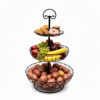 Relaxdays Obst Etagere, 3-st&ouml;ckig, Metall, HxD: 47 x 30 cm, Obst, Gem&uuml;se, mit Griff, runde Obstschale, Obstkorb, schwarz