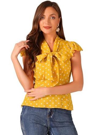 Allegra K Femmes Chemise Bureau Pois Chemisier Col Nou&eacute; Manches Volants Jaune S