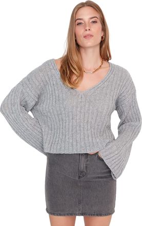 Trendyol Gray Mercerized Look Wool Wide Fit Basic Strickwaren Sweater Twoaw23Kz01844