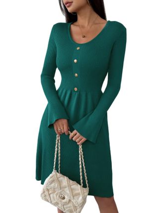 Zeagoo Damen Strickkleid Langarm V-Ausschnitt Pulloverkleid Elegant Knielang Herbstkleid Casual Kleid Herbst Winter A Linien Grün XXL