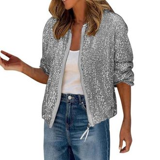 Generic Veste bomber &agrave; paillettes avec fermeture &eacute;clair et manches longues pour femme, gris, XXL