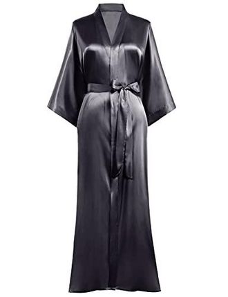 prodesign denmark Peignoir pour femme en satin Kimono long avec ceinture Unicolore Pyjama Robe de chambre légère, gris foncé, taille unique