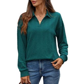 Generic Femmes Printemps Automne Revers Pull Sweatshirt Col V Sport T-Shirt Respirant Pulls Mode Polo Shirts Casual Loose Top, Bleu - b, XXL